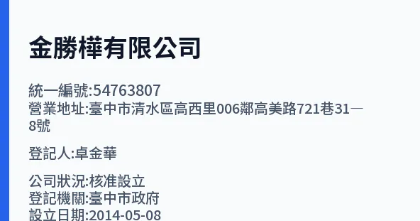 金勝樺有限公司的照片-統編 54763807(臺中市) 公司登記資料與營業項目詳細圖表