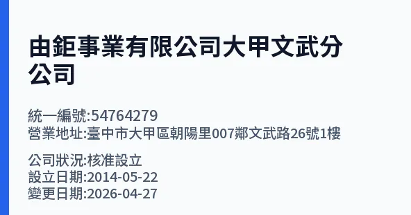 由鉅事業有限公司大甲文武分公司的照片-統編 54764279(臺中市) 公司登記資料與營業項目詳細圖表