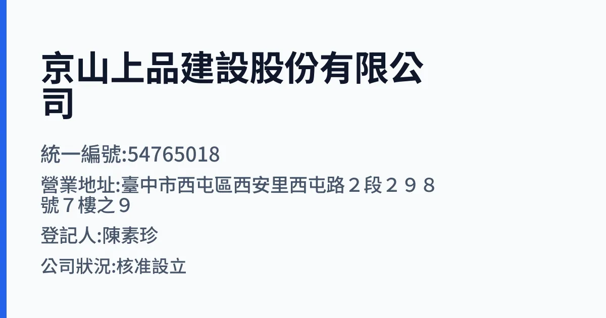 京山上品建設股份有限公司 - 統編 54765018(臺中市) 公司登記資料與營業項目詳細圖表