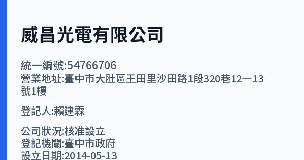 威昌光電有限公司的照片-統編 54766706(臺中市) 公司登記資料與營業項目詳細圖表