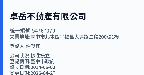 卓岳不動產有限公司的照片-統編 54767070(臺中市) 公司登記資料與營業項目詳細圖表