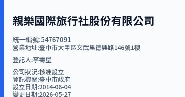 親樂國際旅行社股份有限公司的照片-統編 54767091(臺中市) 公司登記資料與營業項目詳細圖表