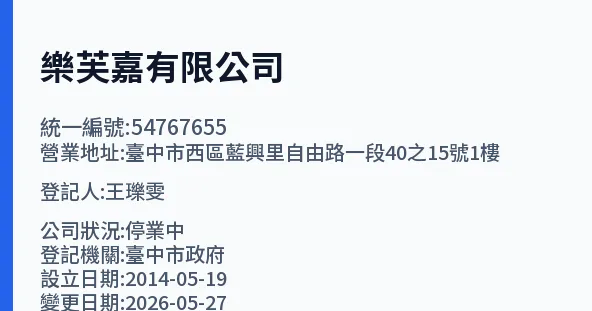 樂芙嘉有限公司的照片-統編 54767655(臺中市) 公司登記資料與營業項目詳細圖表