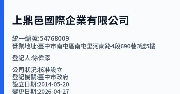 上鼎邑國際企業有限公司的照片-統編 54768009(臺中市) 公司登記資料與營業項目詳細圖表