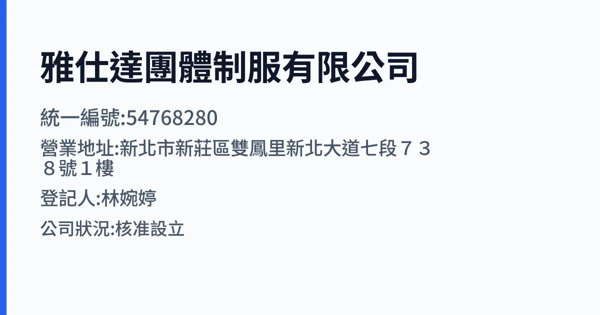 雅仕達團體制服有限公司 - 統編 54768280(新北市) 公司登記資料與營業項目詳細圖表