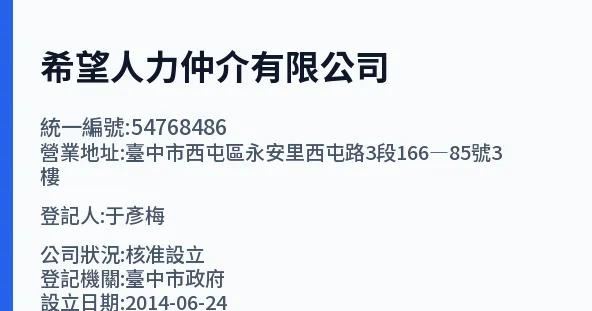 希望人力仲介有限公司的照片-統編 54768486(臺中市) 公司登記資料與營業項目詳細圖表