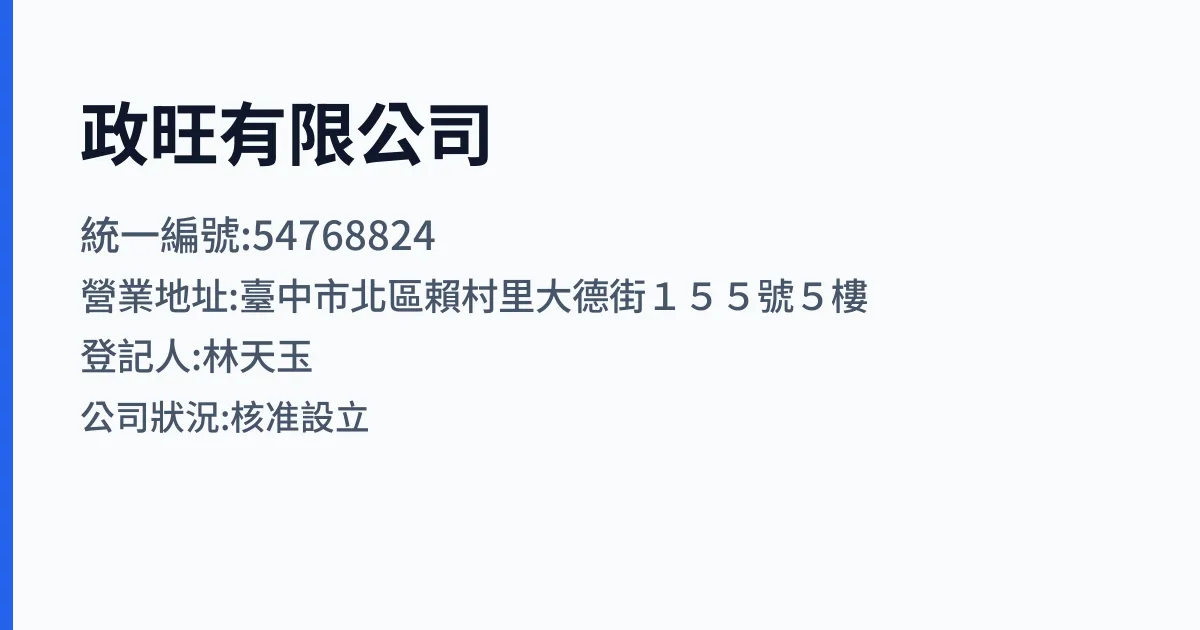 政旺有限公司 - 統編 54768824(臺中市) 公司登記資料與營業項目詳細圖表