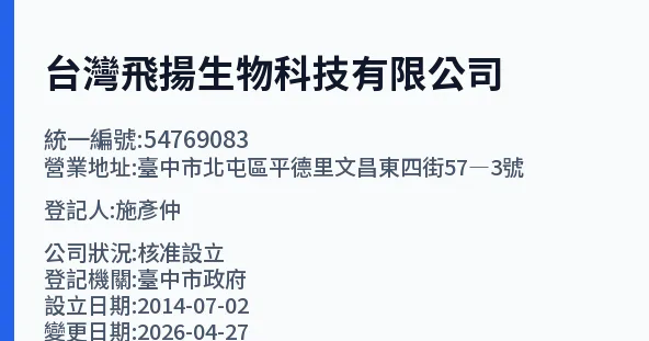 台灣飛揚生物科技有限公司的照片-統編 54769083(臺中市) 公司登記資料與營業項目詳細圖表