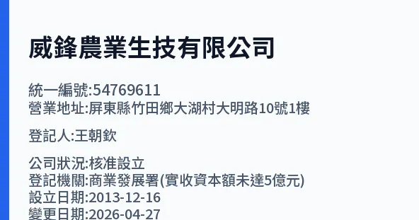 威鋒農業生技有限公司的照片-統編 54769611(屏東縣) 公司登記資料與營業項目詳細圖表