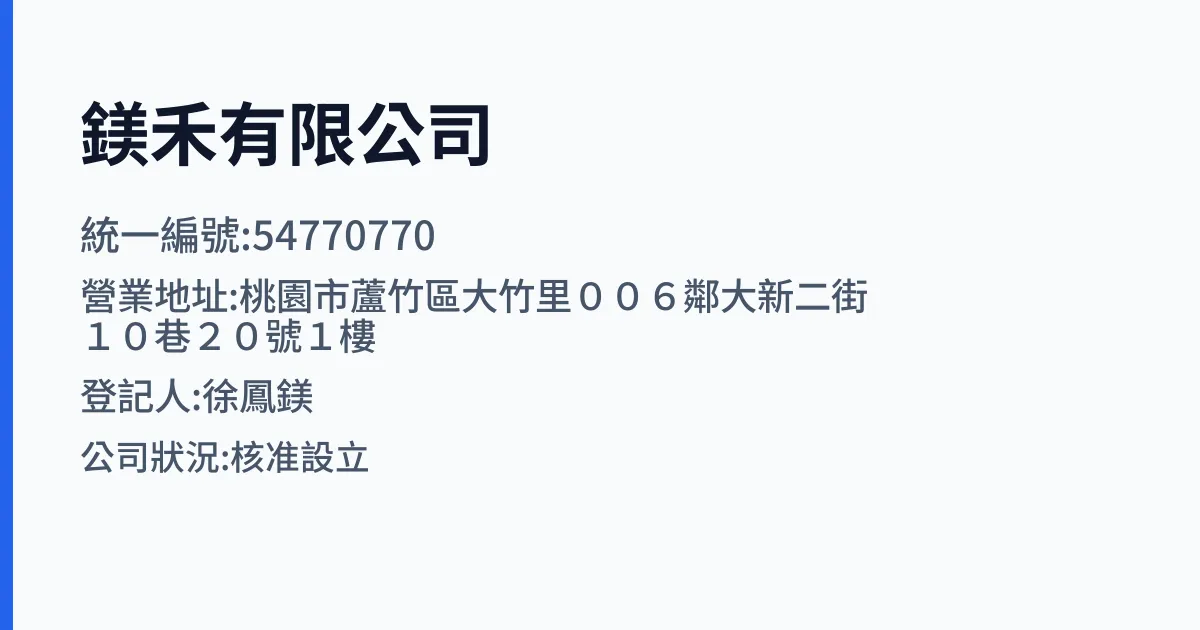 鎂禾有限公司 - 統編 54770770(桃園市) 公司登記資料與營業項目詳細圖表