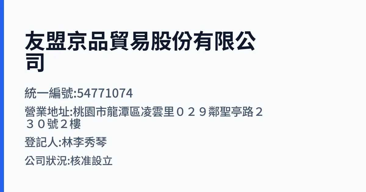 友盟京品貿易股份有限公司 - 統編 54771074(桃園市) 公司登記資料與營業項目詳細圖表