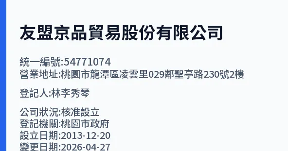 友盟京品貿易股份有限公司的照片-統編 54771074(桃園市) 公司登記資料與營業項目詳細圖表