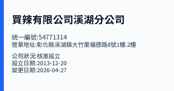買辣有限公司溪湖分公司的照片-統編 54771314(彰化縣) 公司登記資料與營業項目詳細圖表