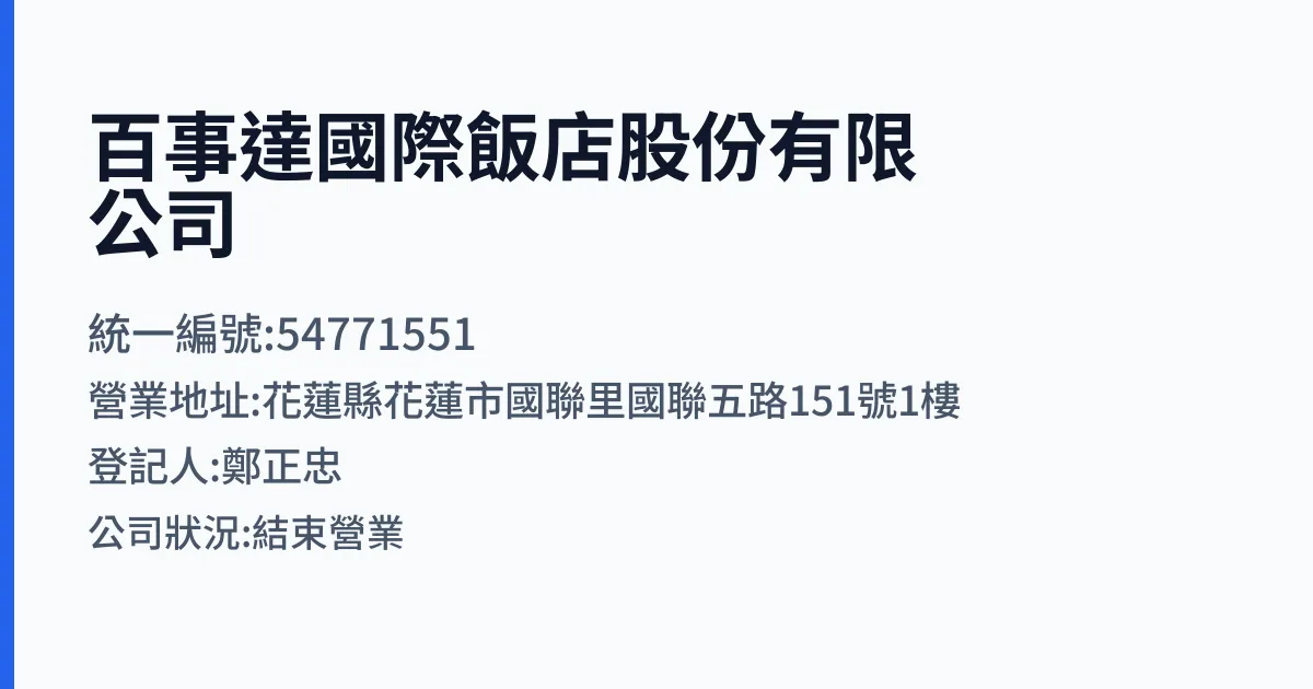 百事達國際飯店股份有限公司 - 統編 54771551(花蓮縣) 公司登記資料與營業項目詳細圖表