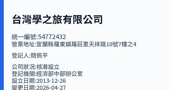 台灣學之旅有限公司的照片-統編 54772432(宜蘭縣) 公司登記資料與營業項目詳細圖表