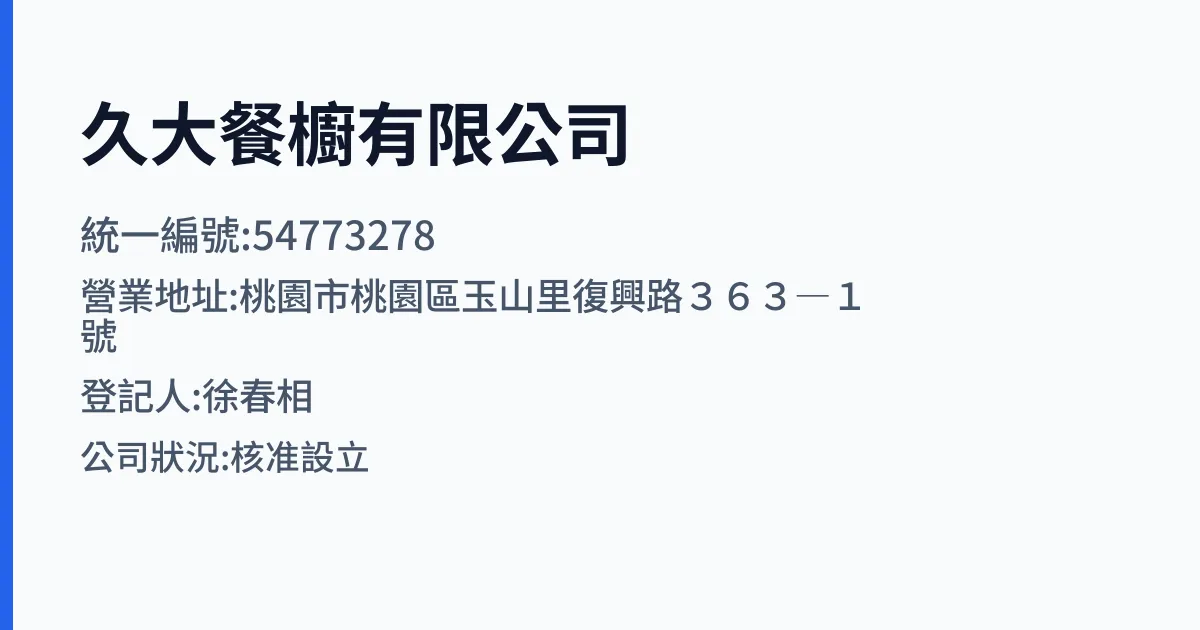 久大餐櫥有限公司 - 統編 54773278(桃園市) 公司登記資料與營業項目詳細圖表