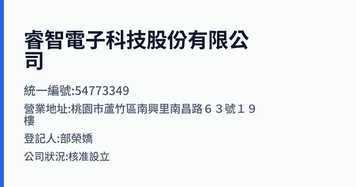 睿智電子科技股份有限公司 - 統編 54773349(桃園市) 公司登記資料與營業項目詳細圖表