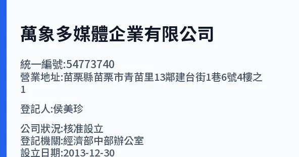 萬象多媒體企業有限公司的照片-統編 54773740(苗栗縣) 公司登記資料與營業項目詳細圖表