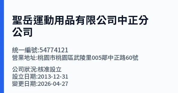 聖岳運動用品有限公司中正分公司的照片-統編 54774121(桃園市) 公司登記資料與營業項目詳細圖表