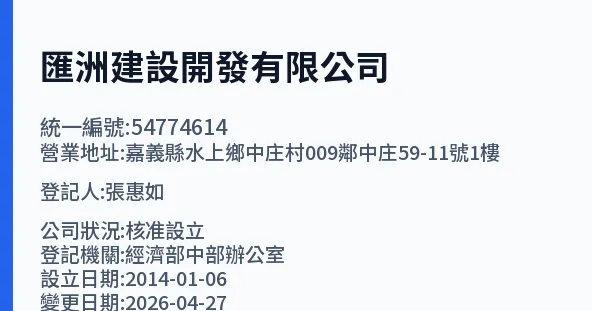 匯洲建設開發有限公司的照片-統編 54774614(嘉義縣) 公司登記資料與營業項目詳細圖表