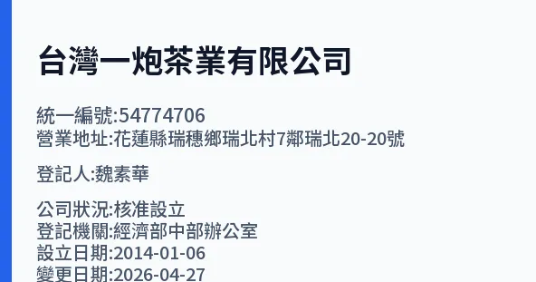 台灣一炮茶業有限公司的照片-統編 54774706(花蓮縣) 公司登記資料與營業項目詳細圖表