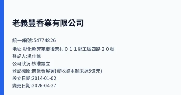 老義豐香業有限公司的照片-統編 54774826(彰化縣) 公司登記資料與營業項目詳細圖表