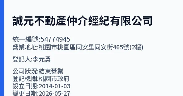 誠元不動產仲介經紀有限公司的照片-統編 54774945(桃園市) 公司登記資料與營業項目詳細圖表