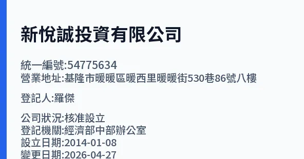 新悅誠投資有限公司的照片-統編 54775634(基隆市) 公司登記資料與營業項目詳細圖表