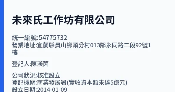 未來氏工作坊有限公司的照片-統編 54775732(宜蘭縣) 公司登記資料與營業項目詳細圖表
