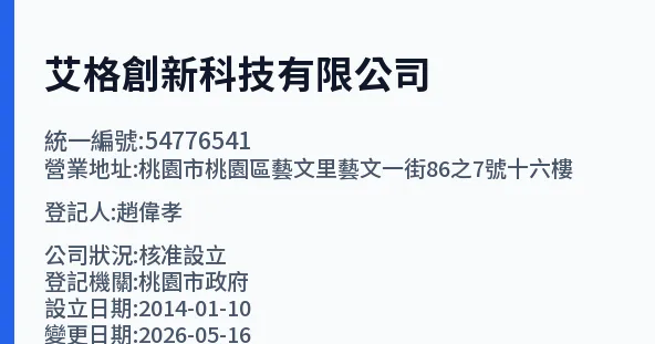 艾格創新科技有限公司的照片-統編 54776541(桃園市) 公司登記資料與營業項目詳細圖表