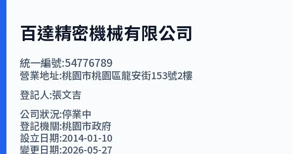 百達精密機械有限公司的照片-統編 54776789(桃園市) 公司登記資料與營業項目詳細圖表