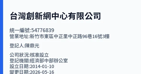 台灣創新網中心有限公司的照片-統編 54776839(新竹市) 公司登記資料與營業項目詳細圖表