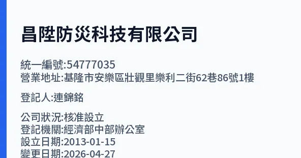 昌陞防災科技有限公司的照片-統編 54777035(基隆市) 公司登記資料與營業項目詳細圖表