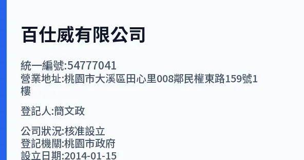 百仕威有限公司的照片-統編 54777041(桃園市) 公司登記資料與營業項目詳細圖表