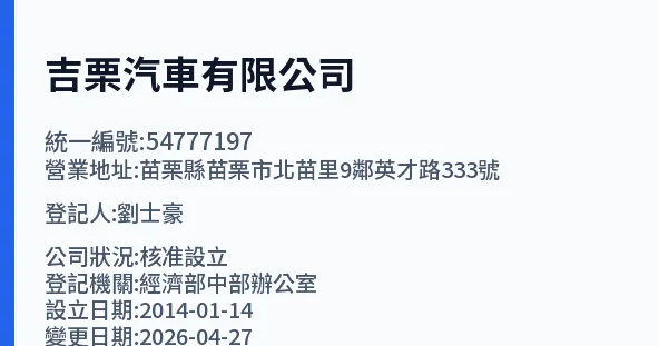 吉栗汽車有限公司的照片-統編 54777197(苗栗縣) 公司登記資料與營業項目詳細圖表
