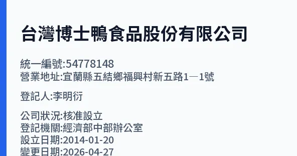 台灣博士鴨食品股份有限公司的照片-統編 54778148(宜蘭縣) 公司登記資料與營業項目詳細圖表