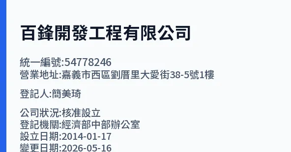百鋒開發工程有限公司的照片-統編 54778246(嘉義市) 公司登記資料與營業項目詳細圖表