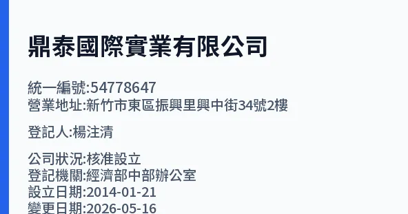 鼎泰國際實業有限公司的照片-統編 54778647(新竹市) 公司登記資料與營業項目詳細圖表