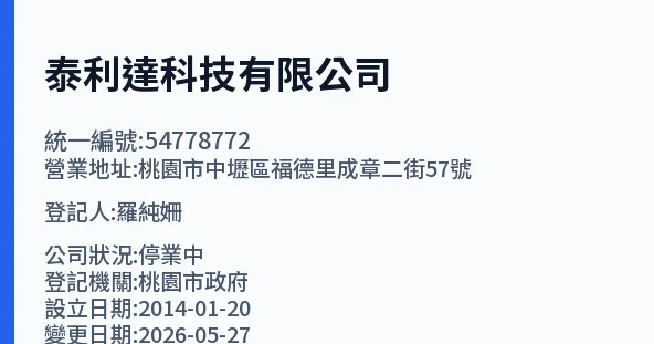 泰利達科技有限公司的照片-統編 54778772(桃園市) 公司登記資料與營業項目詳細圖表