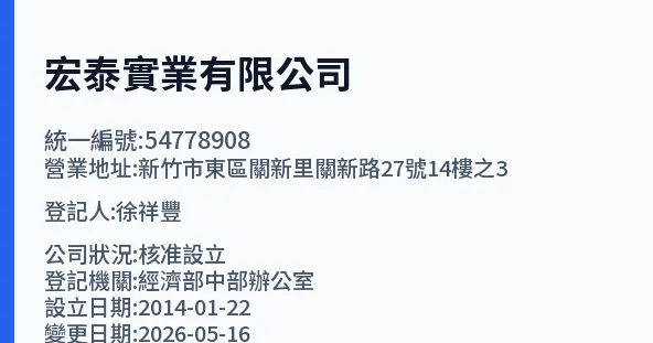 宏泰實業有限公司的照片-統編 54778908(新竹市) 公司登記資料與營業項目詳細圖表