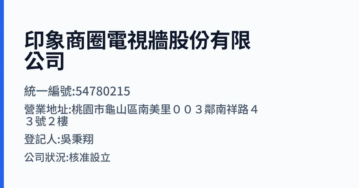 印象商圈電視牆股份有限公司 - 統編 54780215(桃園市) 公司登記資料與營業項目詳細圖表