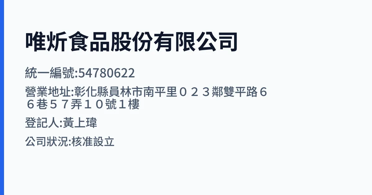 唯炘食品股份有限公司 - 統編 54780622(彰化縣) 公司登記資料與營業項目詳細圖表