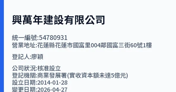 興萬年建設有限公司的照片-統編 54780931(花蓮縣) 公司登記資料與營業項目詳細圖表