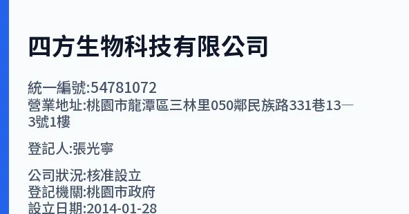四方生物科技有限公司的照片-統編 54781072(桃園市) 公司登記資料與營業項目詳細圖表