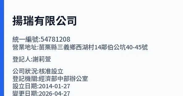 揚瑞有限公司的照片-統編 54781208(苗栗縣) 公司登記資料與營業項目詳細圖表
