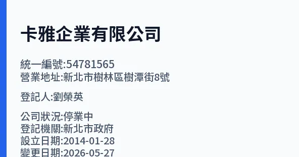 卡雅企業有限公司的照片-統編 54781565(新北市) 公司登記資料與營業項目詳細圖表