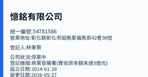 憶銘有限公司的照片-統編 54781586(彰化縣) 公司登記資料與營業項目詳細圖表