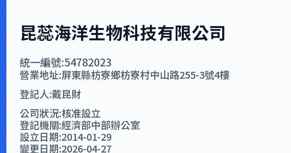昆蕊海洋生物科技有限公司的照片-統編 54782023(屏東縣) 公司登記資料與營業項目詳細圖表