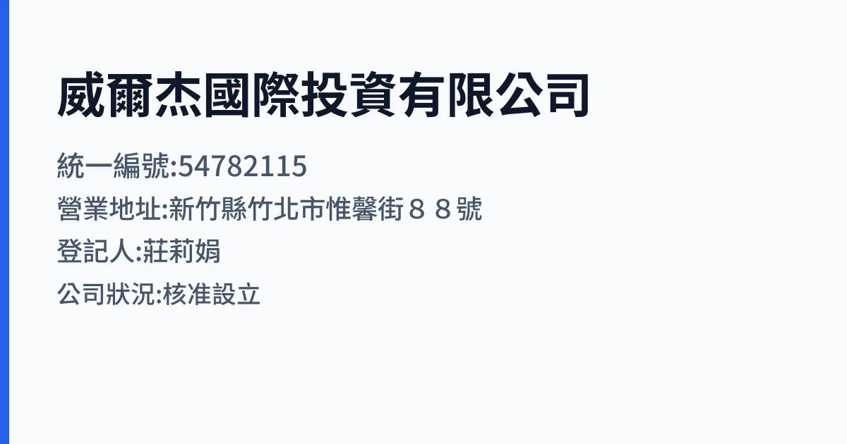 威爾杰國際投資有限公司 - 統編 54782115(新竹市) 公司登記資料與營業項目詳細圖表