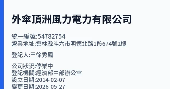 外傘頂洲風力電力有限公司的照片-統編 54782754(雲林縣) 公司登記資料與營業項目詳細圖表